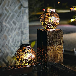 FENGTAI Waterproof Solar Lantern Outdoor, 2 Pack Hanging Lights Decorative Retro Metal Solar Lights for Table Patio Yard Pathway Walkway Garden