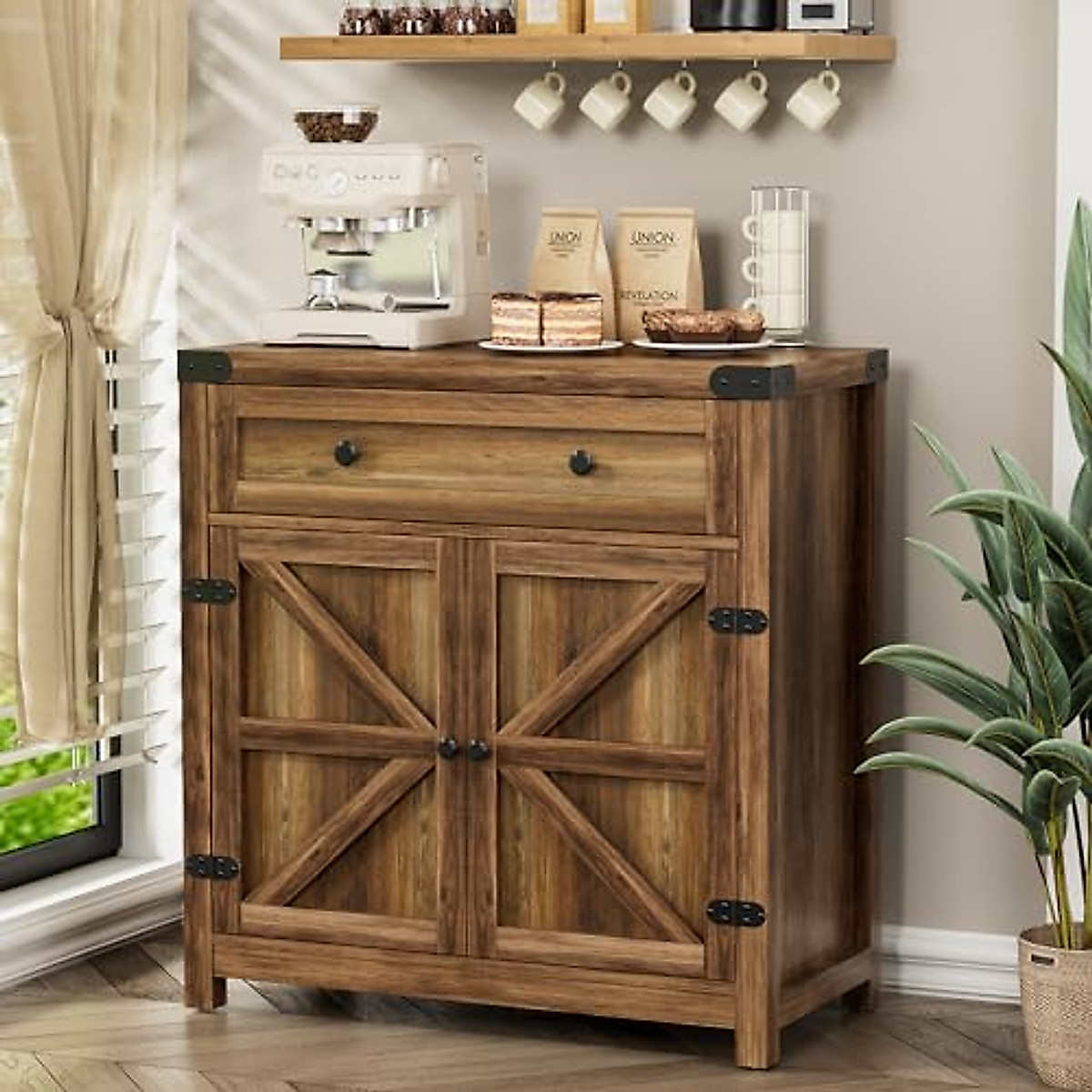 YESHOMY Coffee Bar and Accent Cabinet, Farmhouse Barn Door Buffet Sideboard with Drawer and Adjustable Shelf, Wide Desktop for Kitchen, Dining Room, Bathroom, Entryway, Brown