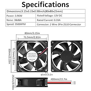 80mm Moisture-Proof Fan 2-Pack 12V DC 8025 High Airflow Cooling Fan 2 Wire 3Pin 3500RPM For rv fridge
