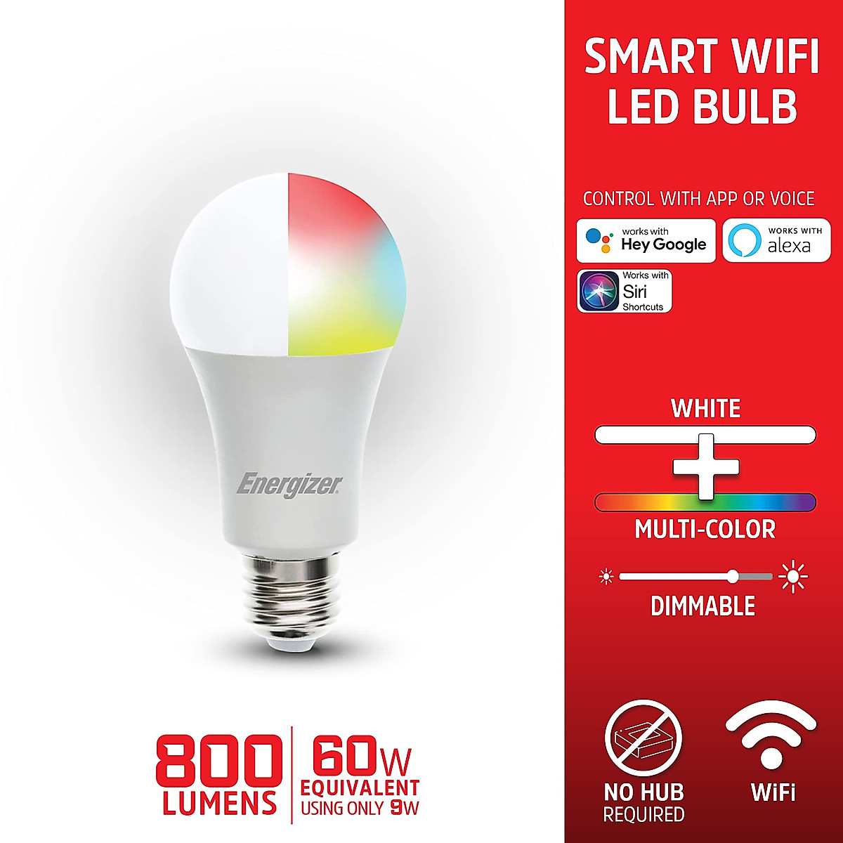 Energizer Connect Smart A19 LED White & Multi-Color RGB Light Bulbs with Voice Control and Remote Access Through Your Smartphone | Compatible with Alexa and Google Assistant, 2 Pack