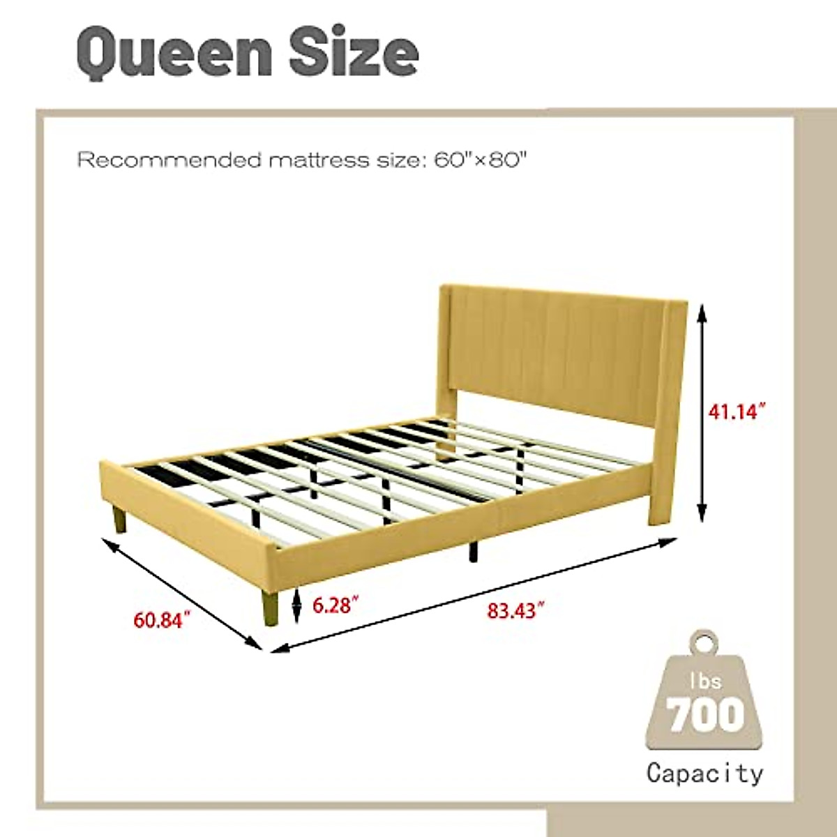 AGARTT Upholstered Platform Bed Frame Queen Size with Headboard and Footboard/Wooden Slats Support/No Box Spring Needed/Easy Assembly,Yellow Velvet