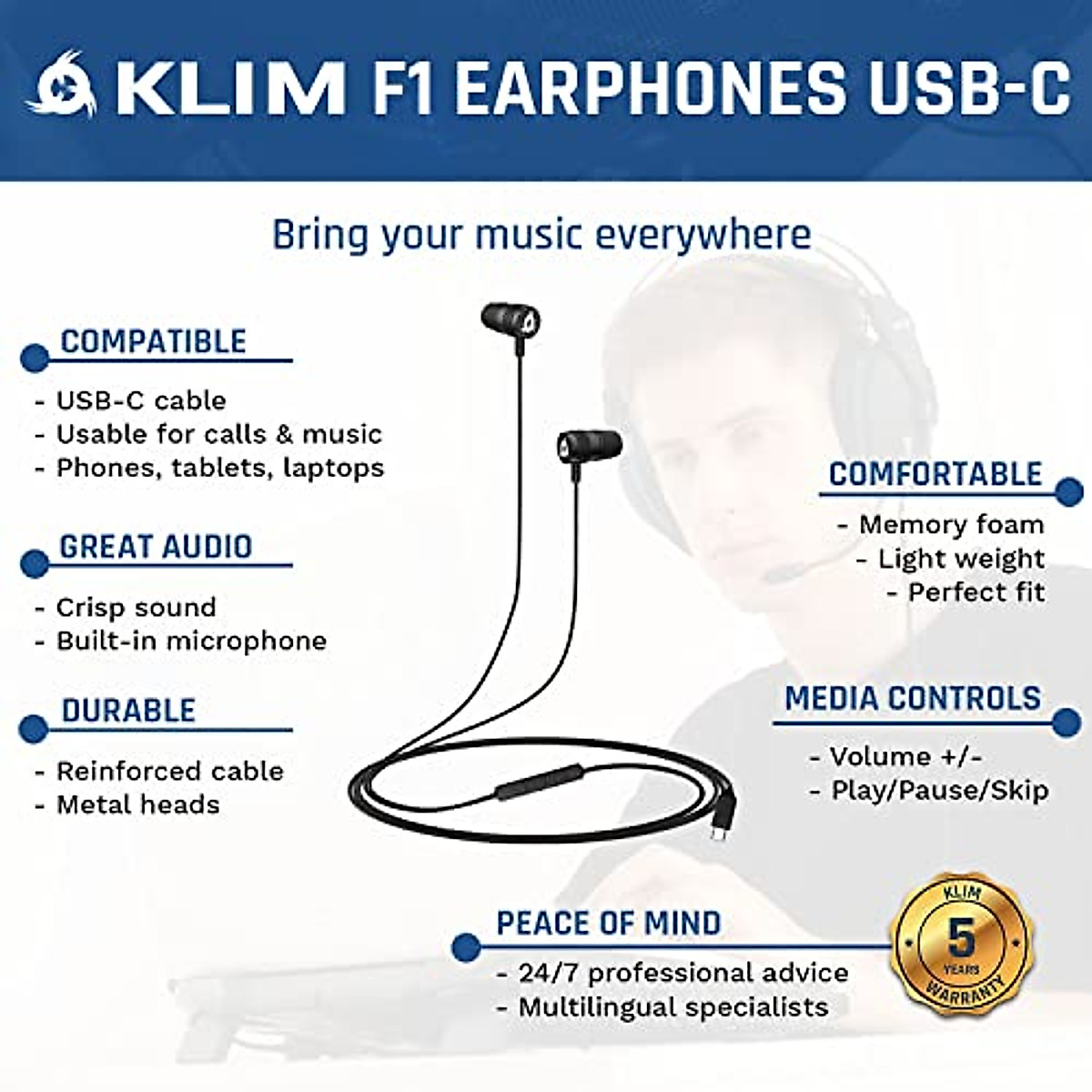KLIM F1 USB C Earphones + New Version + Excellent Audio Quality + Durable USB C Headphones with Microphone + 5-Year Warranty + Wired USB C Earbuds Compatible Huawei Sony Samsung Headphones Type C