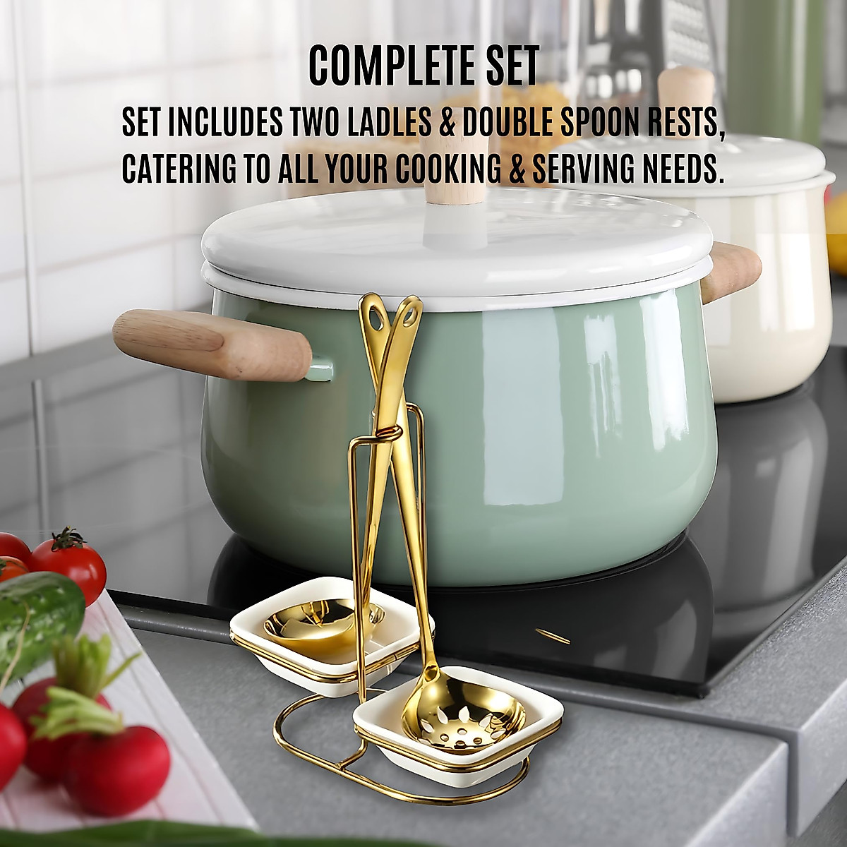 Generic Double Ceramic Spoon Holder with 2 Premium Spoons | Ladle Rests | For Kitchen Counter, Stovetop, or Chafing Dishes (Gold Double Holder w/ 2 Gold Spoons), Large