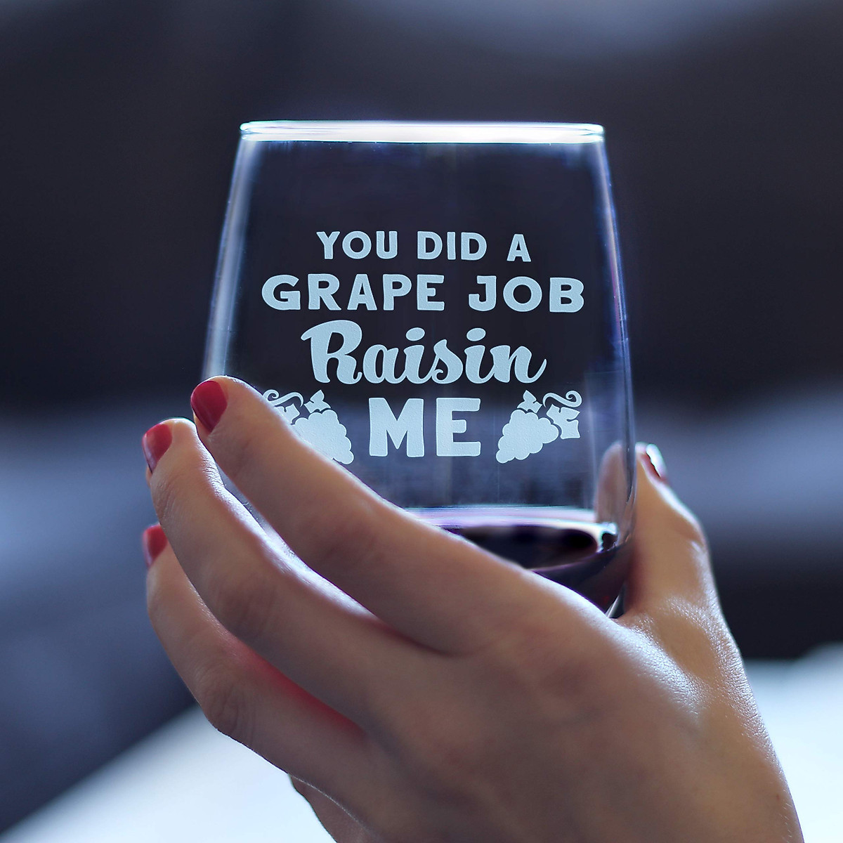 Grape Job Raisin Me - Stemless Wine Glass for Mom - Cute Funny Wine Gift Idea - Unique Personalized Glasses for Mother's Day or Birthday