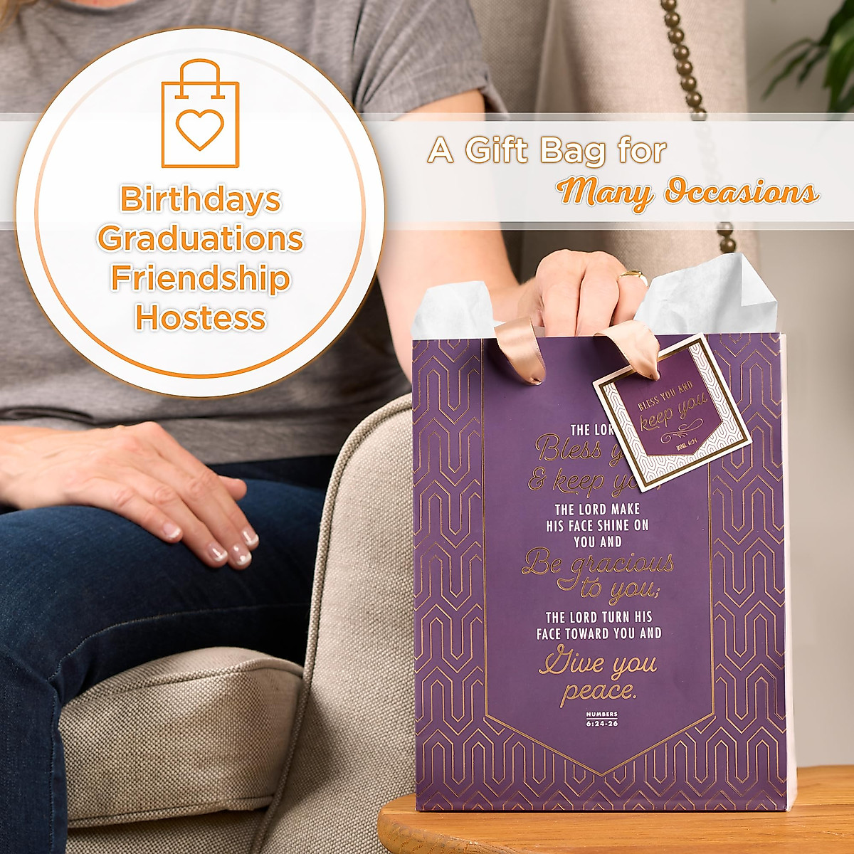 Christian Art Gifts Decorative Portrait Gift Bag with Tissue Paper Set for Women: The Lord Bless You and Keep You - Numbers 6:24 Inspirational Bible Verse, Purple, Medium