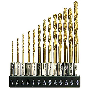 NORTOOLS Hex Shank Drill Bit Set 13 PCS High Speed Steel Titanium Coated Twist Drill Bits 1/4 Inch Quick Change Hex Driver Set for Wood Plastic Aluminum Alloy (1/16" - 1/4")