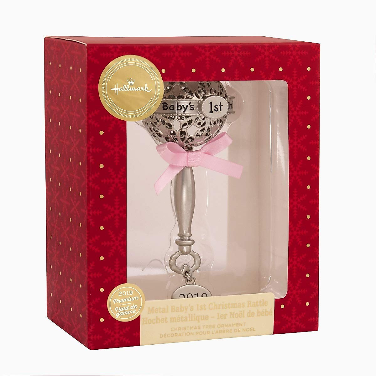 Hallmark Premium 2019 Baby's (Girl Pink) First Christmas Rattle with Pink Ribbon Christmas Ornaments