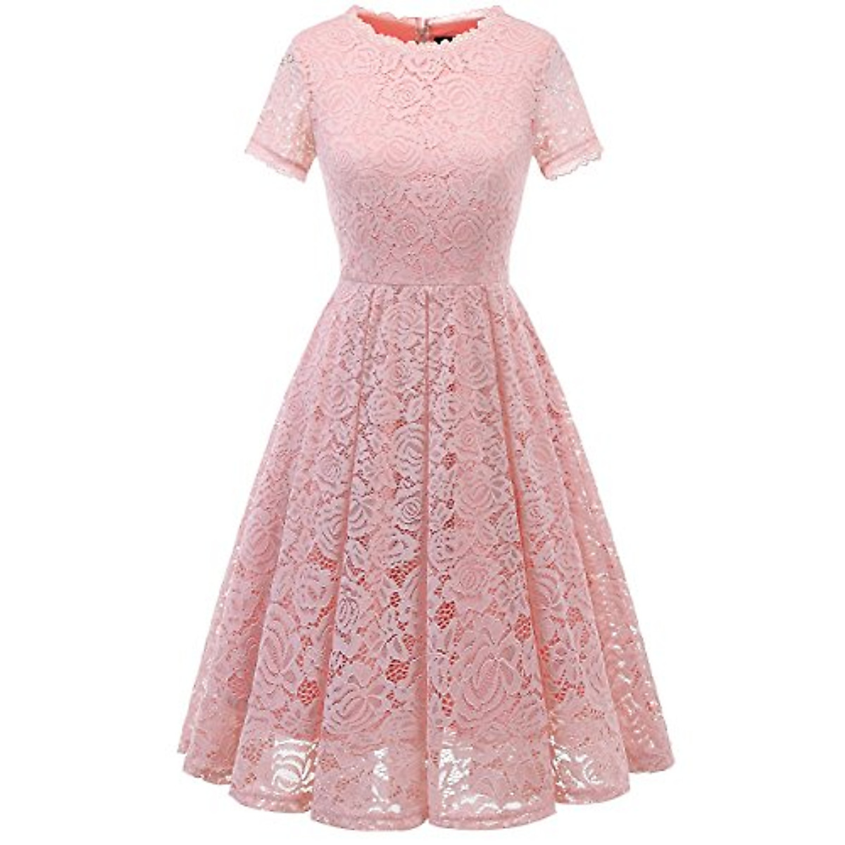 DRESSTELLS Elegant Wedding Guest Dress, Tea Length Mother of The Bride Dresses, Lace Bridesmaid Dress, Semi Formal Cocktail Dresses, Vintage Evening Party Formal Dress with Sleeves Blush XL
