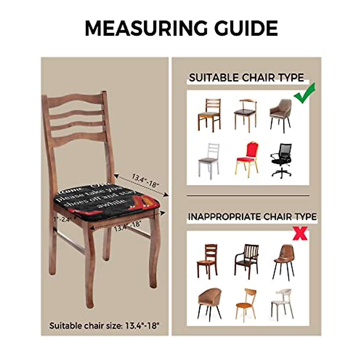 Seat Covers for Dining Room Chairs, Welcome Friend Red High Heels Black Retro Wood Grain Fitted Stretch Chair Seat Covers, Removable Washable Kitchen Dining Chair Slipcovers Protector Set