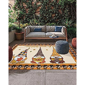 Fall Outdoor Patio Rugs Maple Leaf Sunflower Pumpkin Outdoor Area Rug Orange Plaid Buffalo Non-Slip Backyard/Camping RV Rug/Deck/Porch Rug Front Door Floor Mat Carpet,4x6ft,