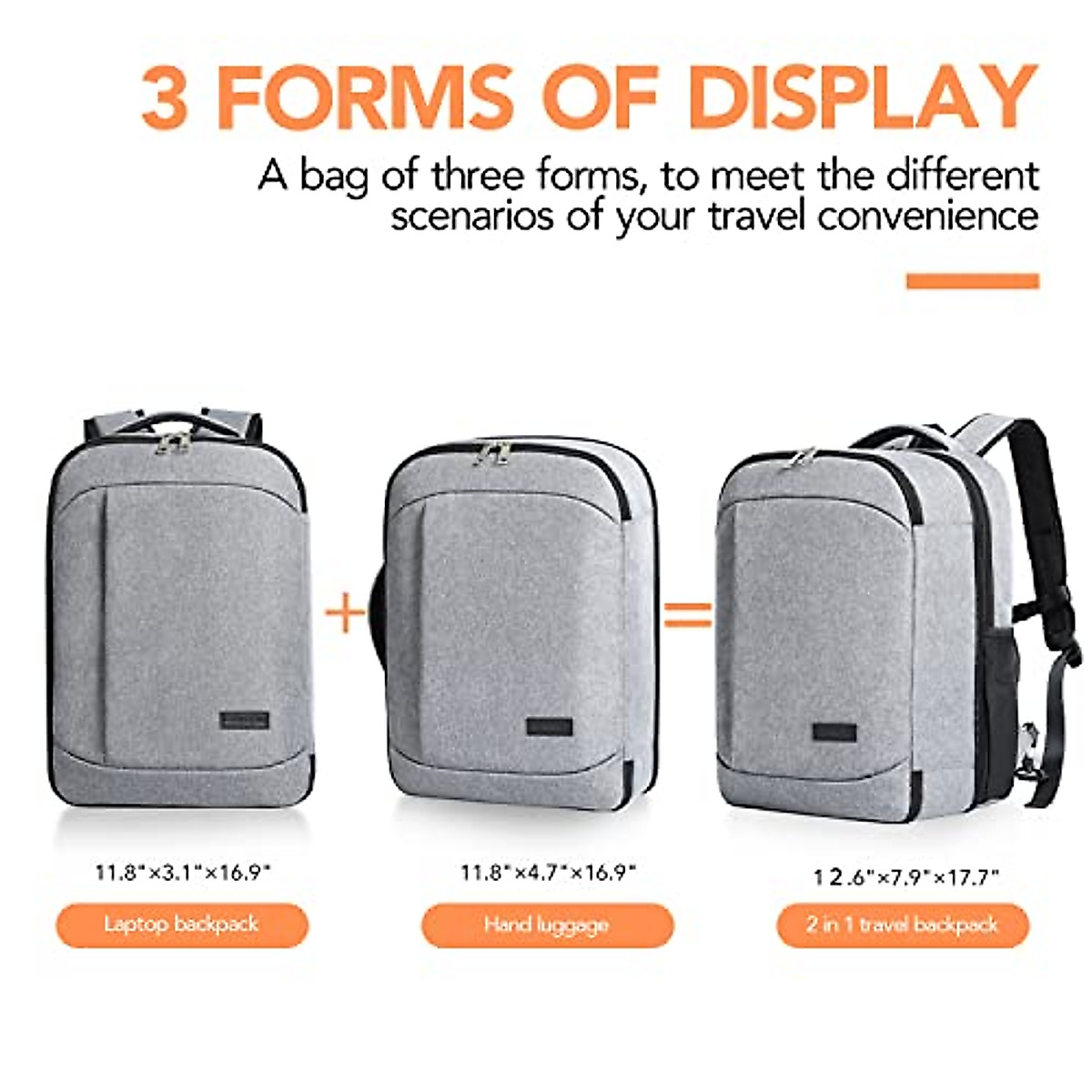 Conworld Travel Backpack 2 in 1, 40L Travel Backpack for Men Women, Flight Approved Combination Carry on Backpack Lightweight Business Weekender Bag Overnight Backpack With 6 Storage Bags, Grey