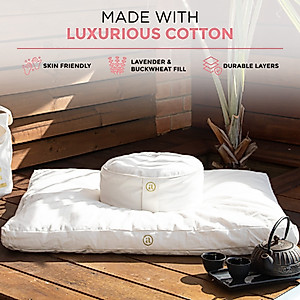 Buckwheat Meditation Cushion Round Zafu Yoga Pillow - Zafu Meditation Cushion Velvet with Zippered Organic Cotton Liner to Add or Remove Hulls | Machine Washable - Free Carry Bag (White)