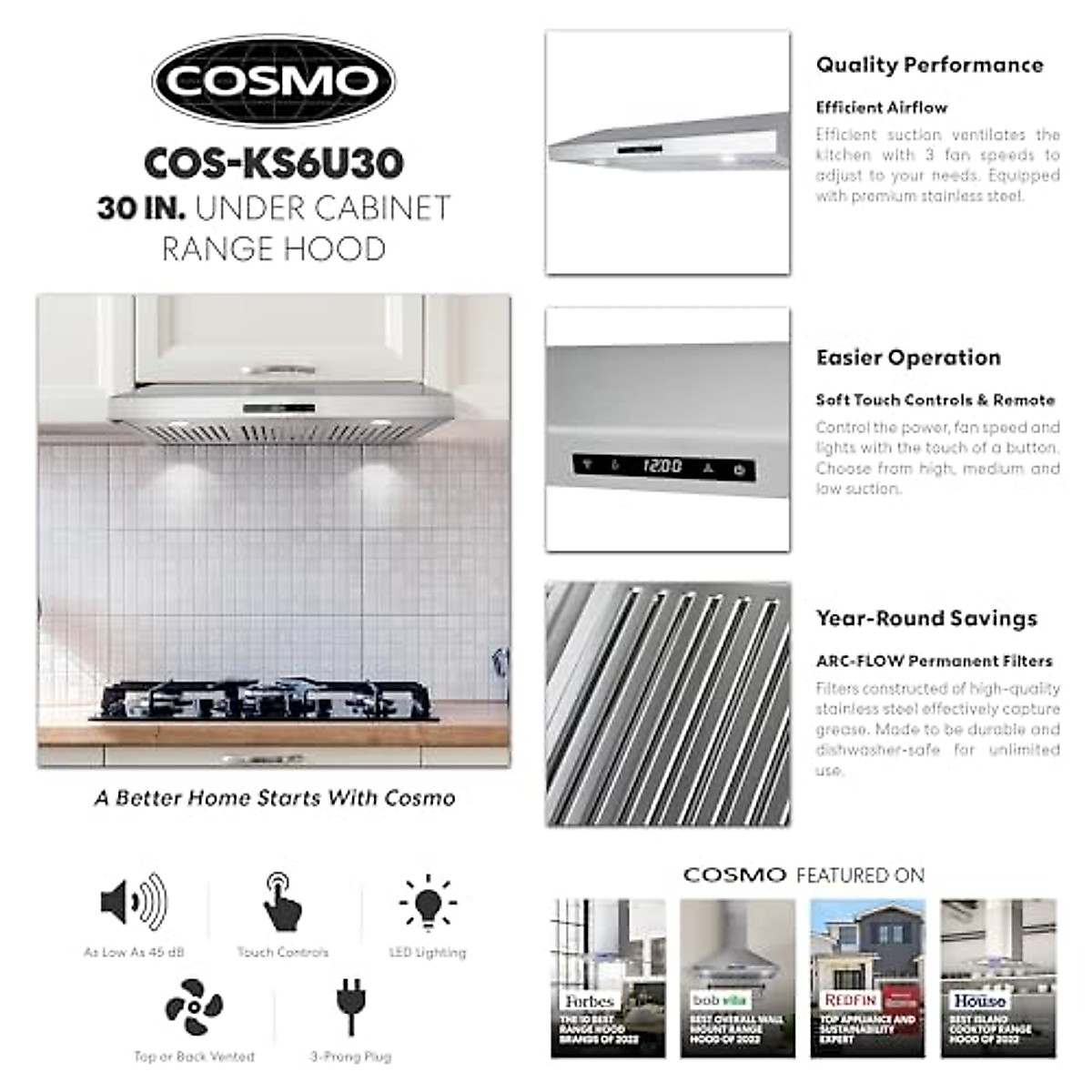 COSMO COS-KS6U30 30 in. Haven Collection 500 CFM Ducted Under Cabinet Range Hood, Touch Controls, LED Lights, Stainless Steel, 30 inch