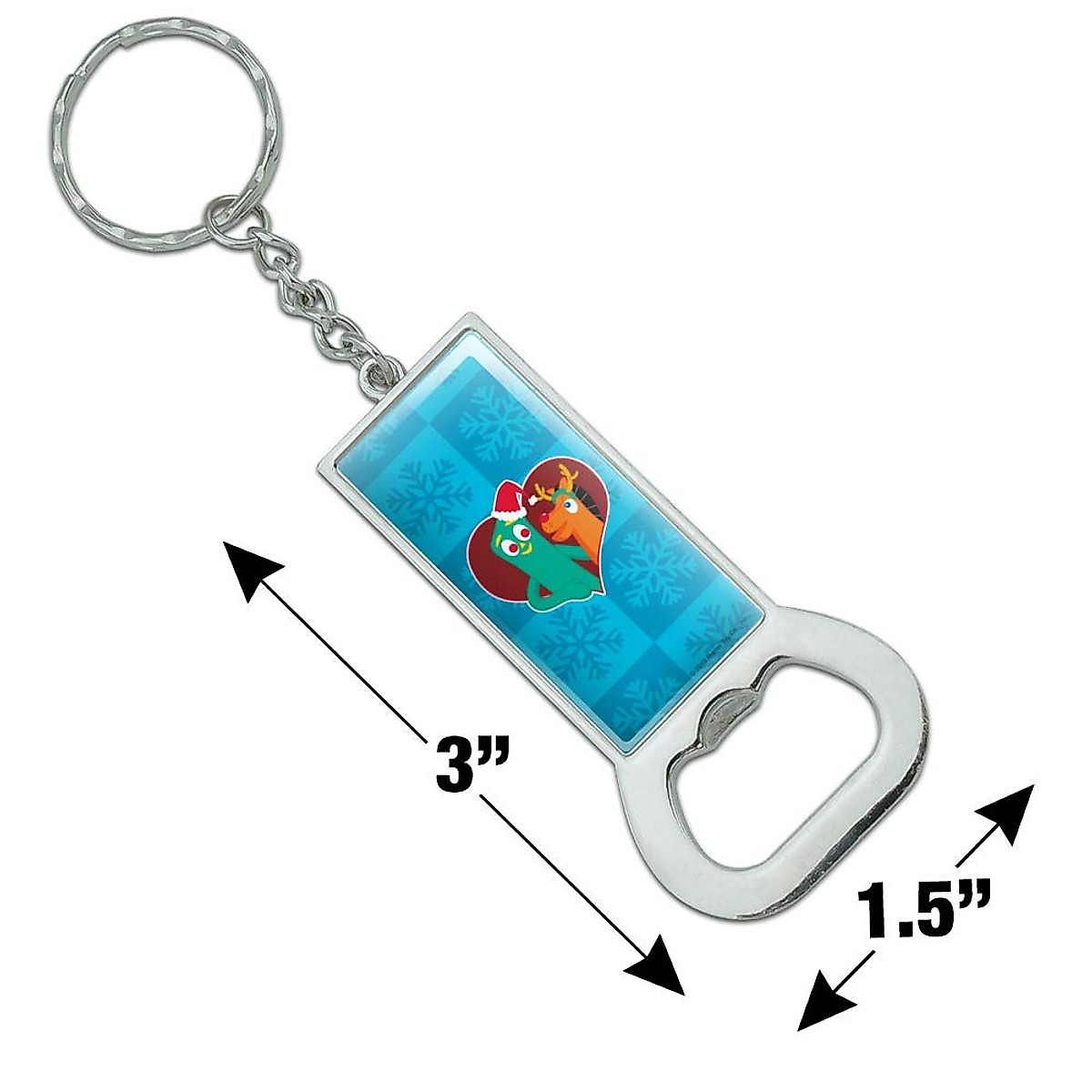 Christmas Gumby And Pokey In Heart With Santa Hat and Red Nose Keychain Rectangle Chrome Plated Metal Bottle Cap Opener