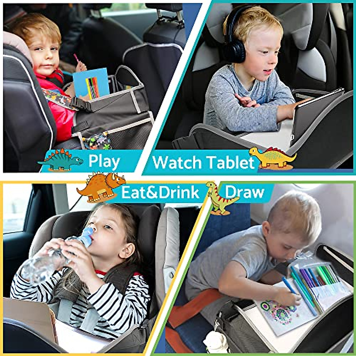 Blissful Diary Kids Travel Tray for Toddler Car Seat, Car Seat Tray for Road Trip, Road Trip Essentials Car Tray with Drawing Kit, Markers Desk Organizer for Car Airplane Travel Activities (Dinosaur)