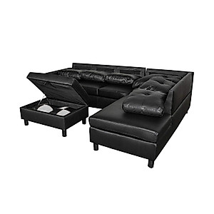 OPTOUGH Black Faux Leather Sectional Sofa, L Shaped Couch with Right Chaise Storage Ottoman & 2 Pillows for Living Room Furniture Sets