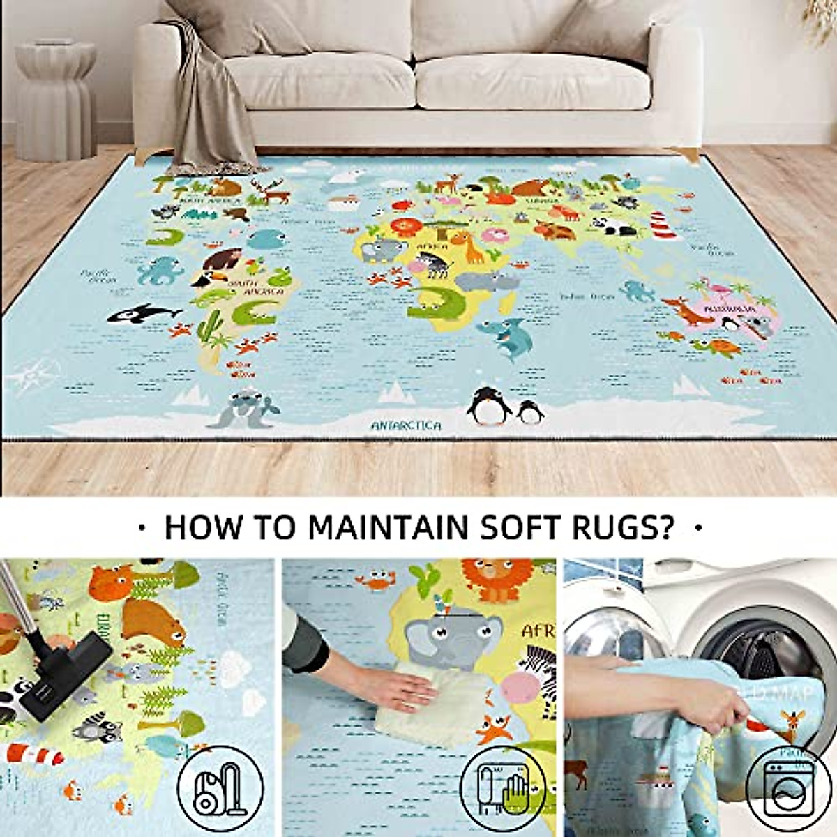 Kids Area Rug World Map Cute Animal Rugs Educational Floor Carpet for Boy Girl Machine Washable Area Rugs for Living Room, Bedroom, Playroom,8' x 10', Blue