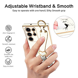 BENTOBEN for Galaxy S23 Ultra Case with Adjustable Wristband Kickstand Loop, Cute Heart Luxury Plating Bumper, Raised Corner Shockproof Women Girls Phone Cover for Samsung Galaxy S23 Ultra 6.8", White