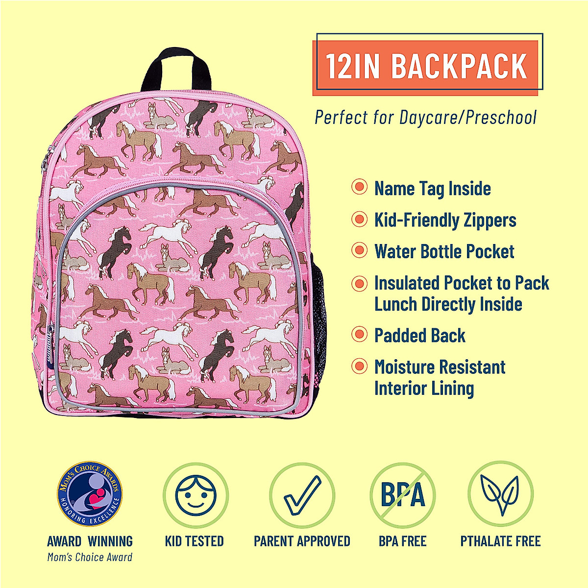 Wildkin 12-Inch Kids Backpack for Boys & Girls, Perfect for Daycare and Preschool, Toddler Bags Features Padded Back & Adjustable Strap, Ideal for School & Travel Backpacks (Horses in Pink)