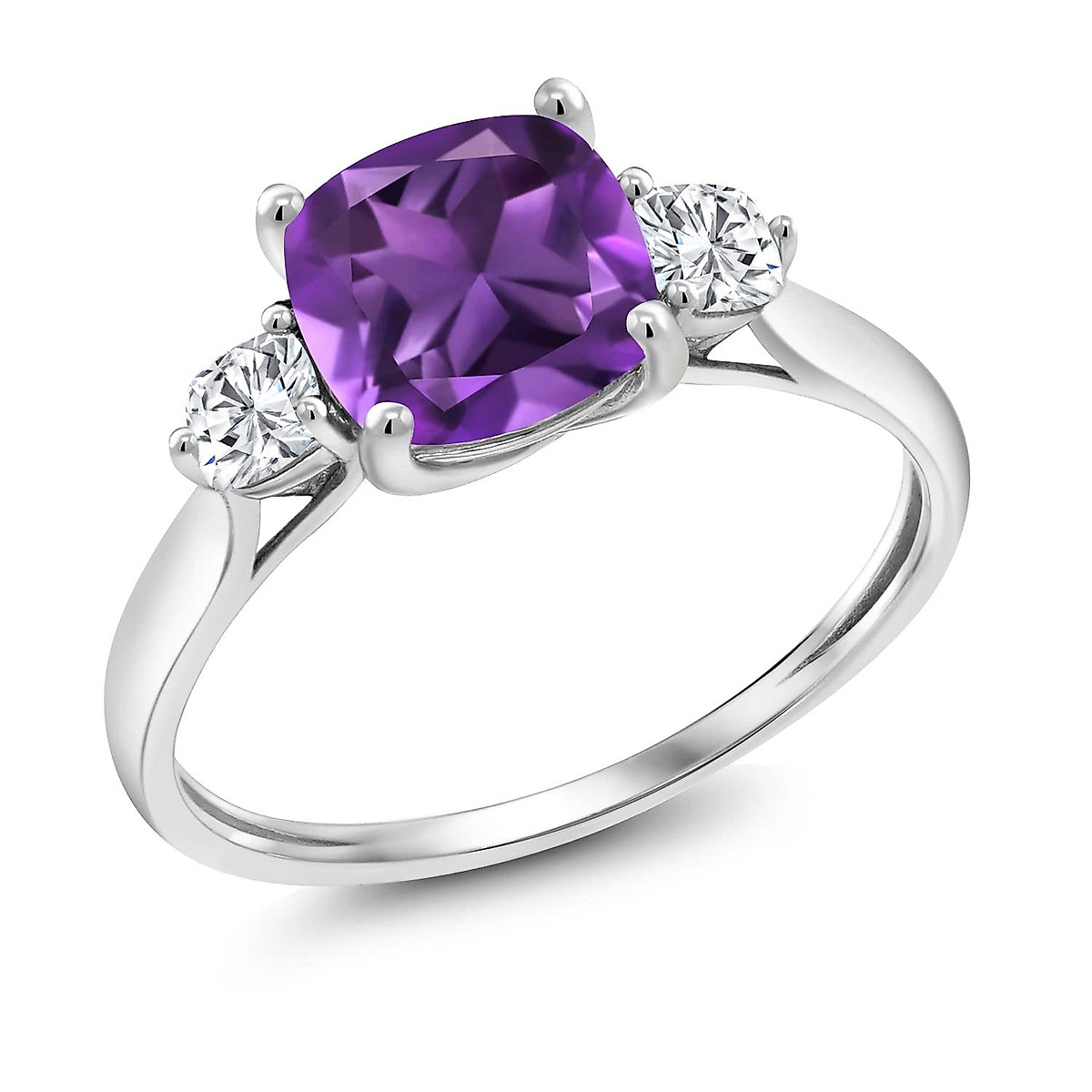 Gem Stone King 1.66 Cttw 10K White Gold Purple Amethyst and White Moissanite 3-Stone Engagement Ring | 3 Stone Wedding Anniversary Promise Ring For Women | Size 5,6,7,8,9