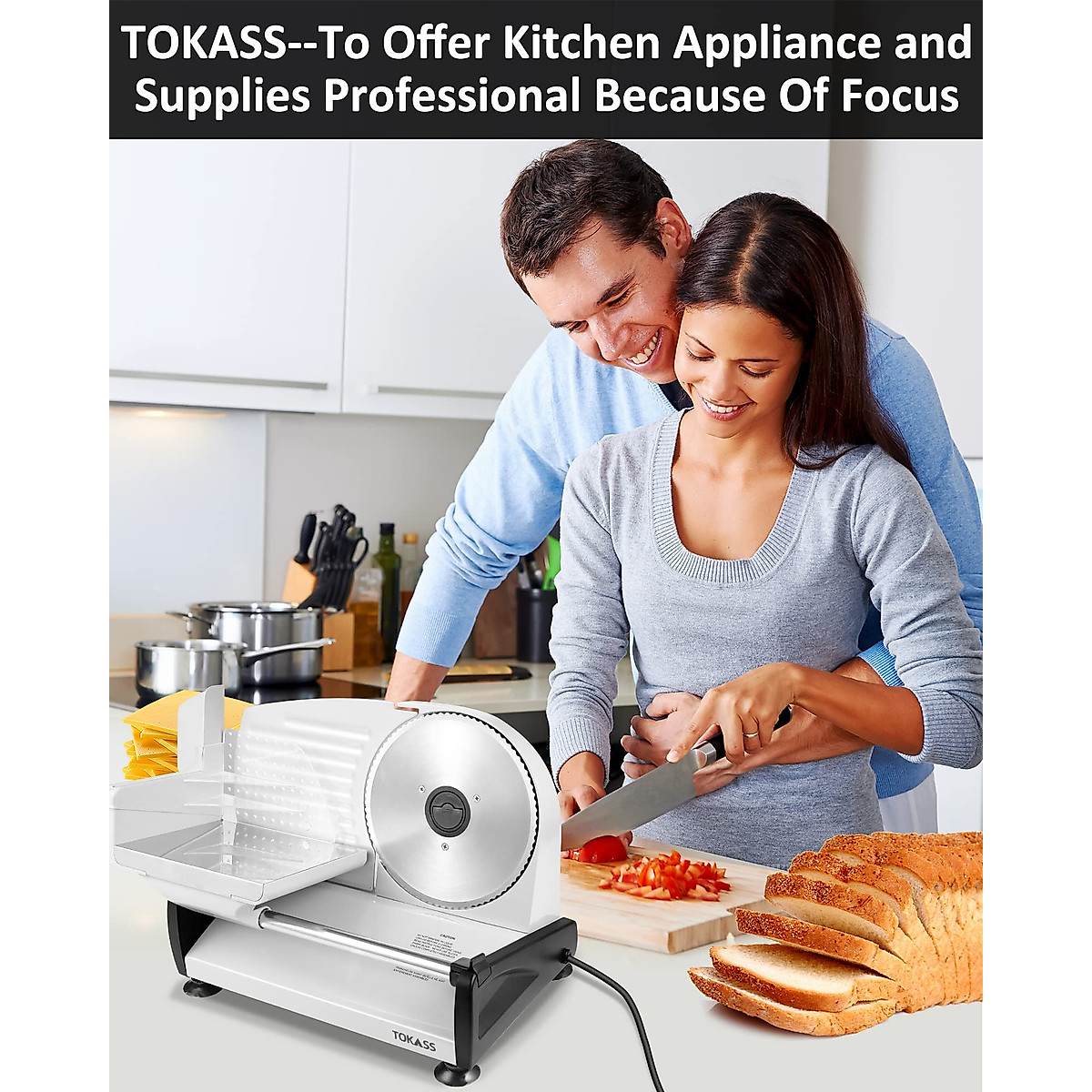 TOKASS Meat Slicer, 200W Electric Slicer For Home Use with 2pcs 7.5'' Stainless Steel Blades, Electric Deli food Slicer, Adjustable Thickness for Meat, Cheese, Bread, Easy Clean (200W-Bright Silver)