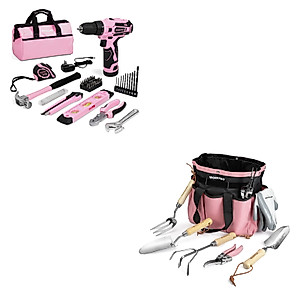 WORKPRO 12V Pink Cordless Drill Driver and Home Tool Kit and Pink Garden Tools Set