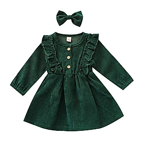 Karuedoo Kids Toddler Baby Girl Corduroy Ruffle Long Sleeve Dress Princess Party Dress Fall Winter Skirt Outfit (A-Green, 6-12M)