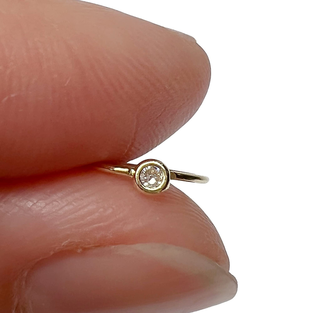 CZ Nose Ring 20 gauge 8 mm 5/16 inch with 2 mm Round CZ, Simulated Diamond Nose Hoop, Bezel Set Cubic Zirconia Nose Jewelry (14k Solid Gold)