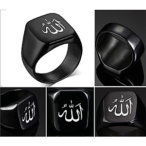 Islamic Allah God Stainless Steel Polished Black Signet Ring for Men Women Islam Muslim Religous Thumb Ring Arabic Amulets Jewelry Gifts for Anniversary Valentines Birthday, Size 10