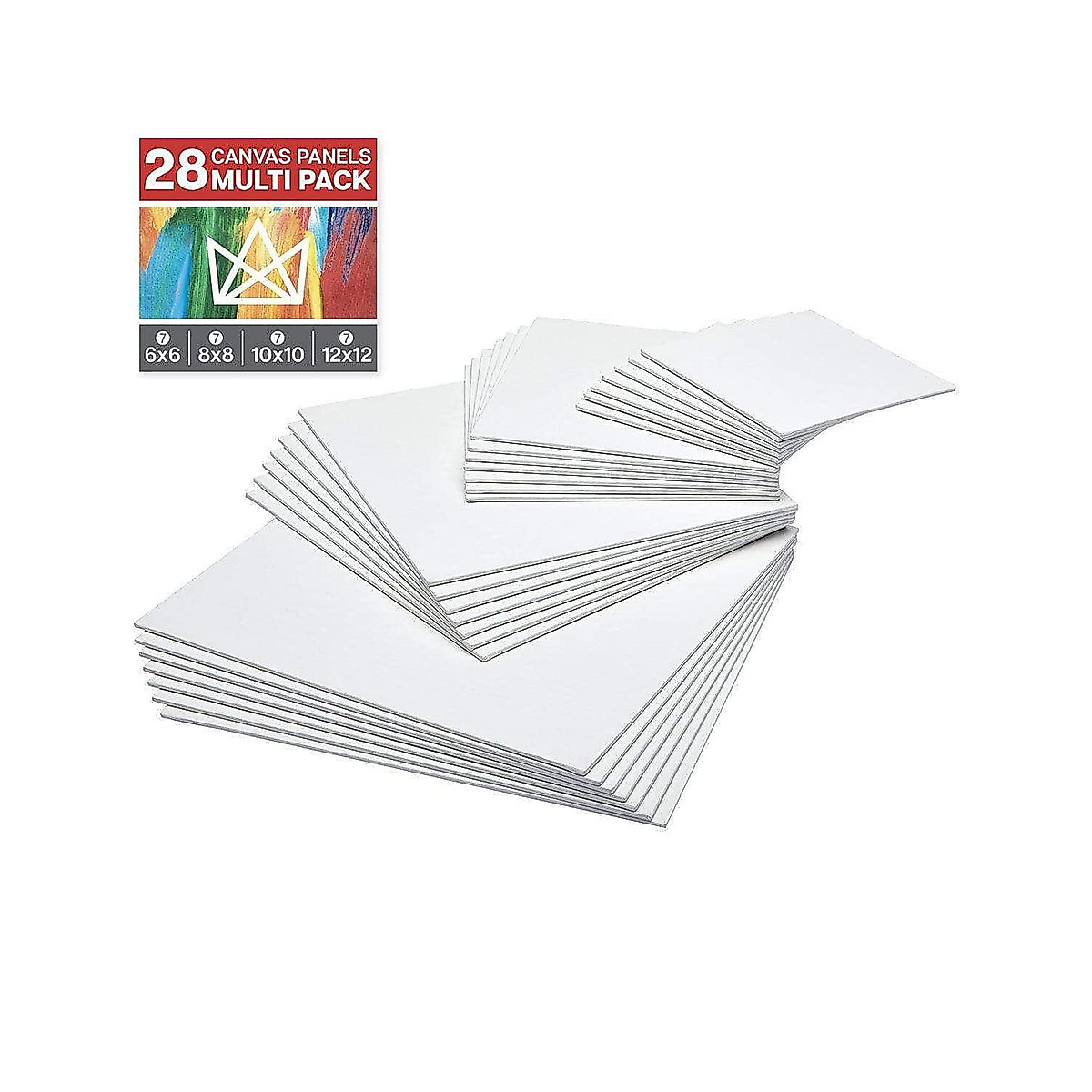 KINGART 830-28 White 28 Pc. Multi-size Value ARTIST CANVAS BOARDS, Gesso Primed - 100% Cotton Square Panels, Art Supplies for Oil and Acrylic Painting, 7 Ea: 6x6, 8x8, 10x10, 12x12 in.