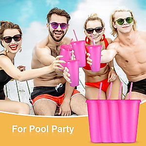 Amyhill 12 Pcs Reusable Cups with Lids and Straws 24 oz Plastic Tumbler Iced Coffee Cup Travel Mug for Smoothie Juices Birthdays Sleepover Party Supplies for Girls(Hot Pink, Shiny Color, 12 Pcs)