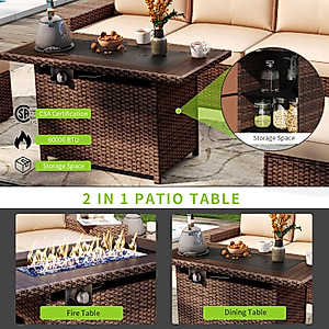 Aoxun 7 Pieces Patio Furniture Set Outdoor Wicker Rattan Furniture 44” Fire Pit Table Outdoor Sectional Sofa Include Waterproof Cover with Thickened Cushions (7 Piece, Beige)