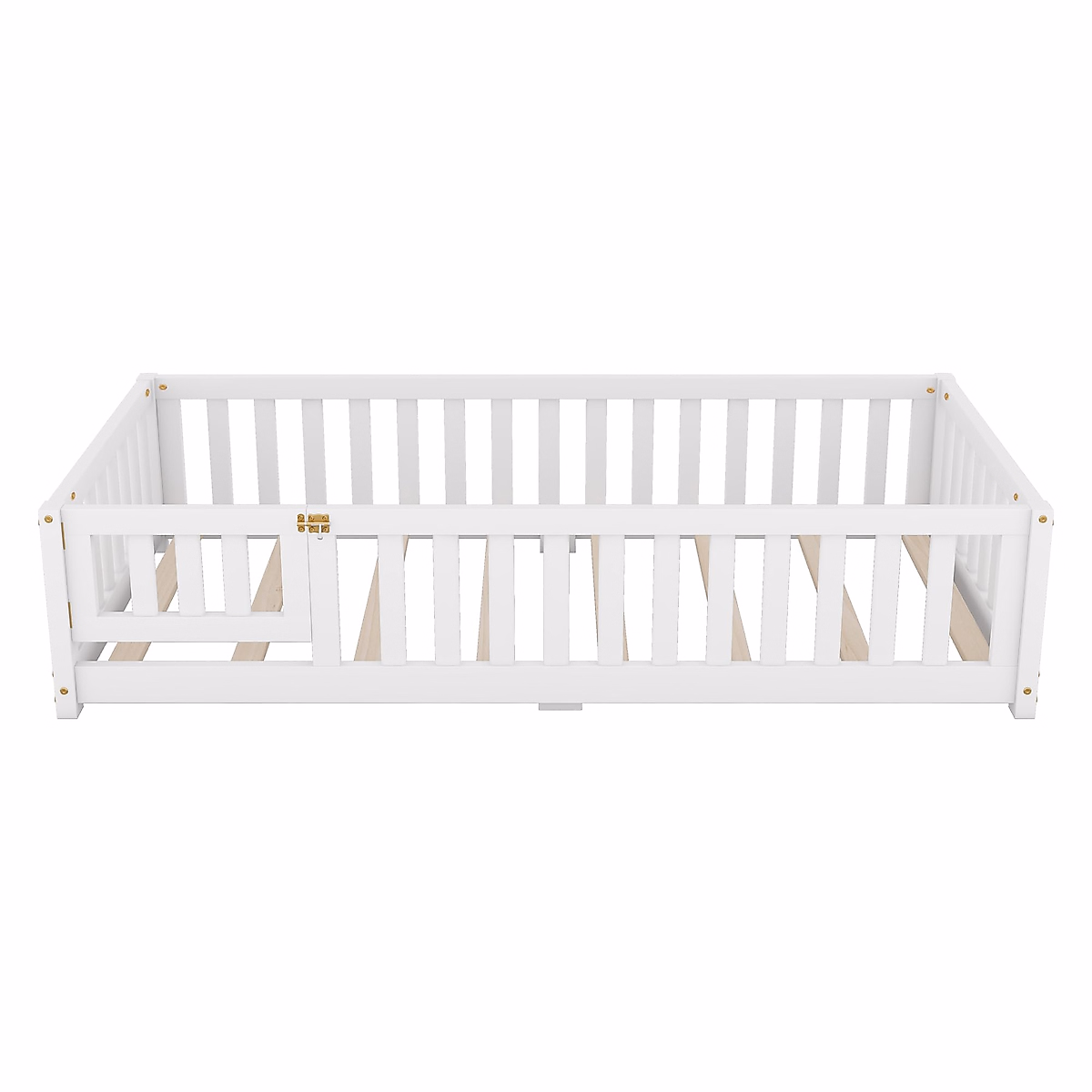 CITYLIGHT Twin Size Floor Bed with Rails, Wood Montessori Floor Bed Twin with Support Slats, Kids Twin Bed Frame with Door Design for Boys,Girls, White