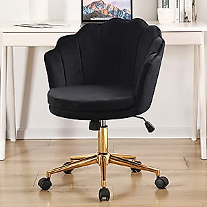 Furnimart Black Home Office Chair with Wheels Upholstered Comfy Velvet Desk Chair Stool, Cute Adjustable Swivel Modern Seashell Back Vanity Chair for Living Room, Bedroom, Office (Black)
