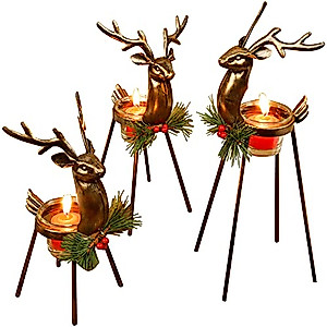 Juegoal Set of 3 Reindeer Tealight Candle Holders, Standing Iron Metal Christmas Decorations, Glass Votive Candle Holder, Durable and Rust-Proof Holiday Tabletop Centerpiece and Display