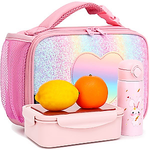 FlowFly Kids Lunch box Insulated Soft Bag Mini Cooler Back to School Thermal Meal Tote Kit for Girls, Boys, Glitter-RainBow