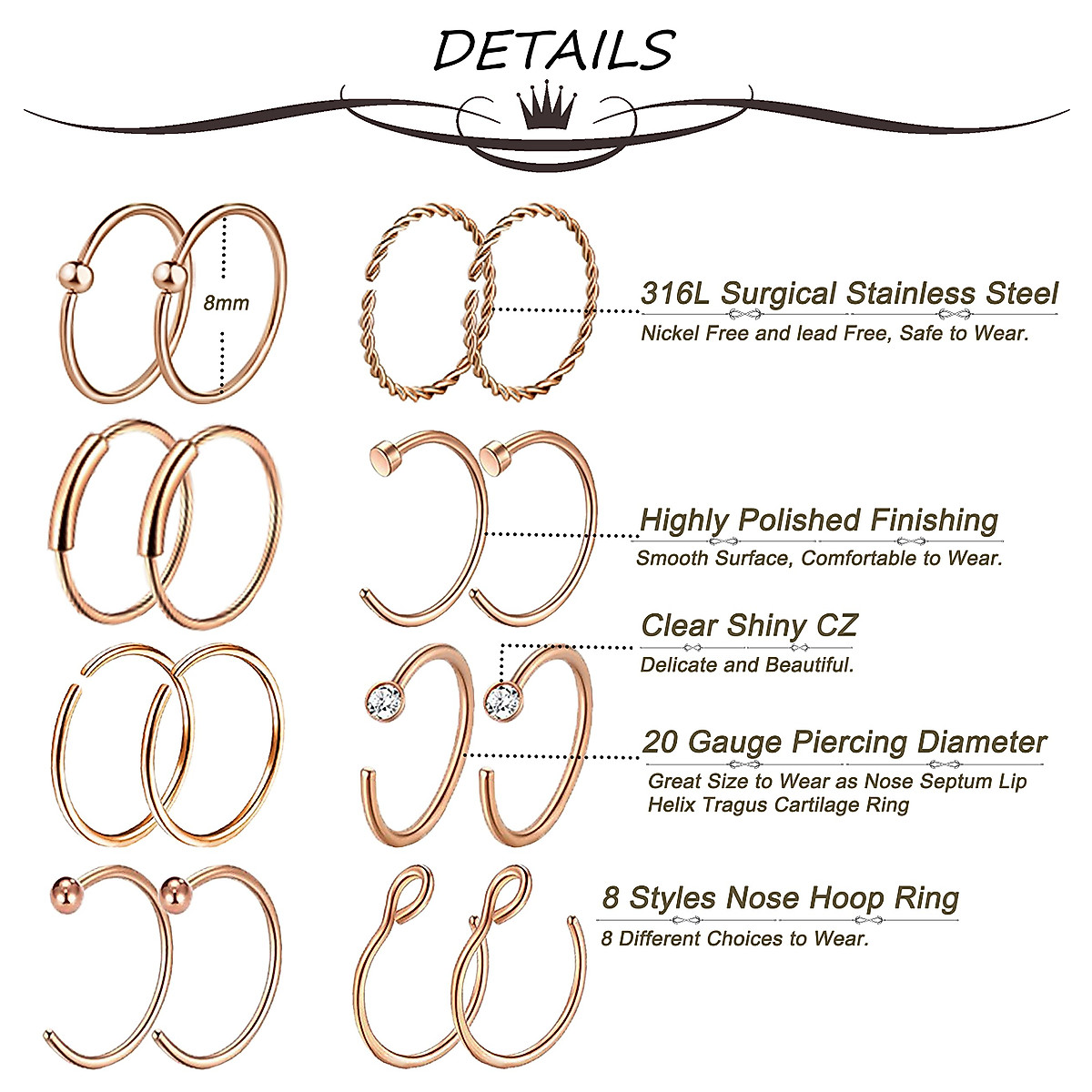 Masedy 16Pcs 20G 316L Stainless Steel Nose Rings Hoop Tragus Cartilage Helix Ring Lip Septum Piercing Rose Gold 8MM