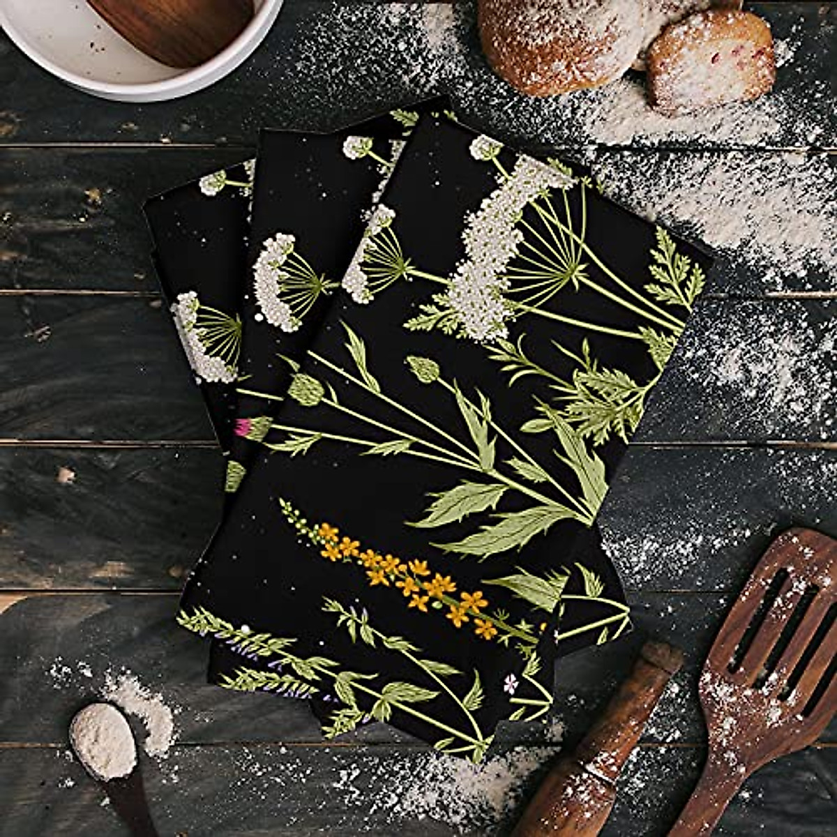 Segard Kitchen Towels Dish Towel Set of 4,Pastoral Green Herb Floral Moon Black Absorbent Hand Towels Cleaning Dishcloth Tea Towels,Farm Flower Botanical Plant Reusable Drying Dish Cloths