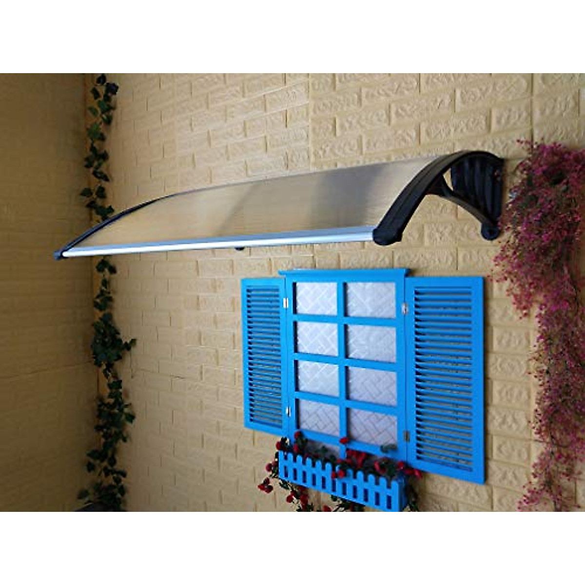 Choies 40" x 40" Window Awning Polycarbonate Door Canopy Cover Outdoor Patio Front Door Garden Awning Canopy UV Rain Snow Sunlight Protection One Piece Hollow Sheet,Dark Brown Canopy/Black Bracket