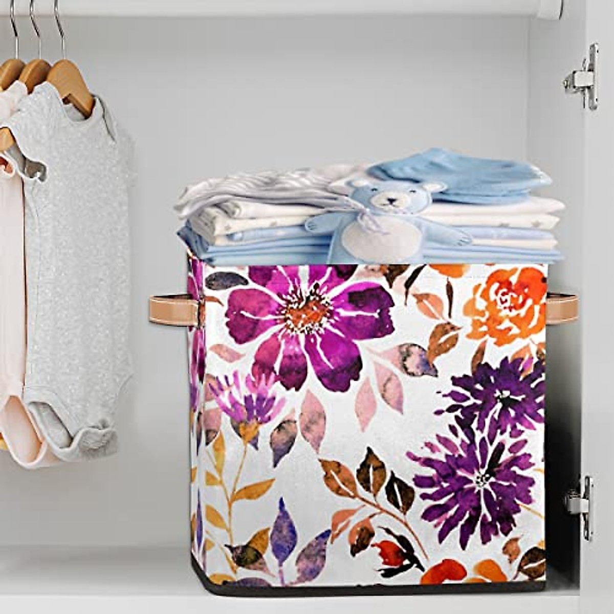 Large Collapsible Storage Bins,Flower Leaves Decorative Canvas Fabric Storage Boxes Organizer with Handles,Cube Square Baskets Bin for Home Shelves Closet Nursery Gifts
