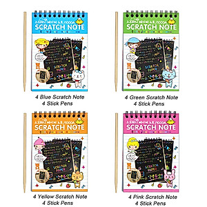 POKONBOY 16 Pack Scratch Arts and Crafts Notebooks, Scratch Note Pads for Kids Rainbow Party Favors Coloring Books for Kids Art Party Supplies Stocking Stuffers（16 Wooden Stylus & 4 Drawing Stencils）
