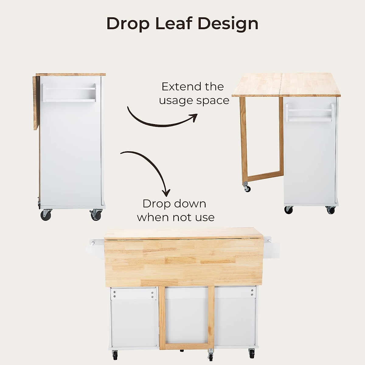 Unovivy Large Kitchen Island Cart with Drop Leaf, Kitchen Island with Storage, Rolling Kitchen Island with Adjustable Shelf Inside Cabinet, 3 Drawers, Spice Rack, Towel Rack and Wood Table Top(White)