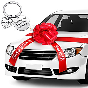 20 Inches Car Bow Sweet for Happy Birthday 16 Car Red Pull Bow Car Large Wrapping Bow Decoration with 20 Feet Car Ribbon and Sweet Keychain for 16th Birthday