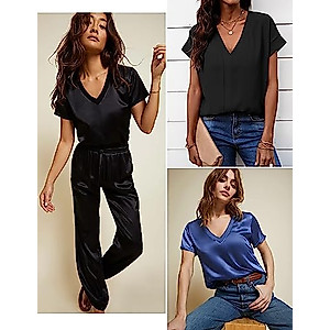 Ekouaer Womens Silk Pajamas Set Satin Sleepwear Short Sleeve Pjs Two Piece Sleep Set (Black,M)