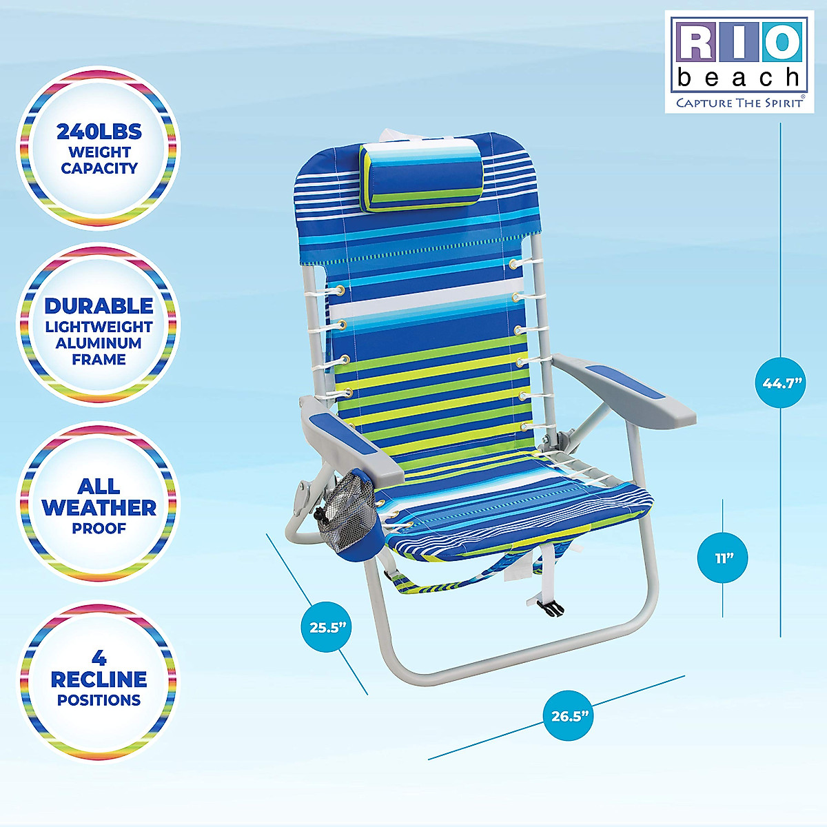 Rio Brands Beach 4-PRio Beach 4-Position Backpack Lace-Up Suspension Folding Beach Chair - Blue/Green Stripe , 24" x 24.75" x 33"