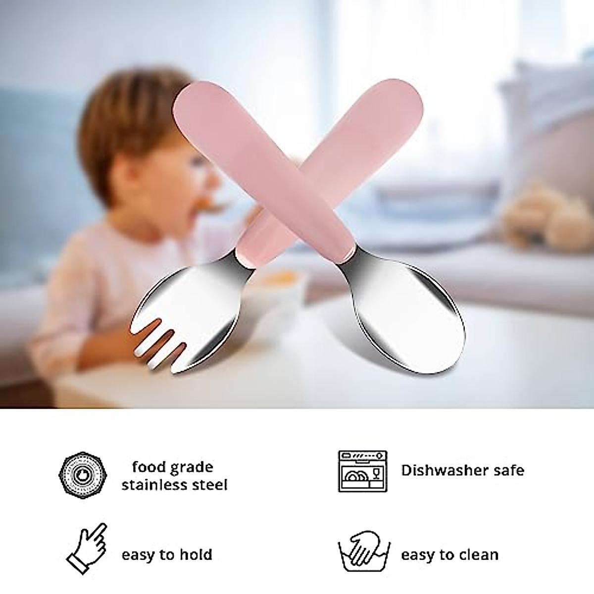 Jenbode Baby Fork and Spoon Set with Carry Case Baby Training Utensils Self Feeding Toddler Silverware Silicone and Stainless Steel Kids and Toddler Utensil Set (Pink)