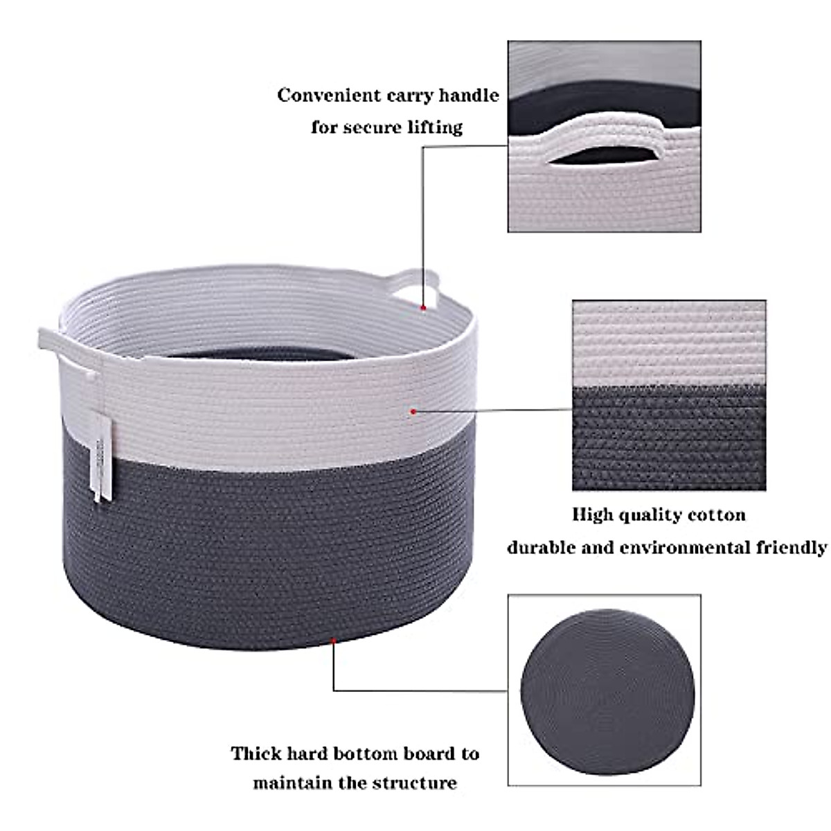 Extra Large Storage Basket, Woven Cotton Rope Blanket Basket for Nursery and Home, Fabric Laundry Basket with Handles for Living Room, Laundry Room, Kids Room and Bedroom, White and Gray