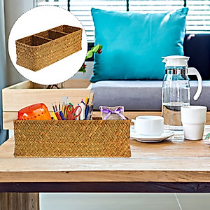 Seagrass Storage Basket 3 Divided Handmade Wicker Basket Organizer Tea Bag Sugar Packet Holder for Coffee Pods Snack Bathroom Paper Coffee