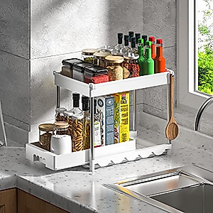 2 Pack Under Sink Organizers and Storage with Sliding Storage Drawer, DUSASA 2 Tier Bathroom Sliding Under The Sink Organizers with Hooks Multi-Usage sink for Bathroom Kitchen & Cabinet White