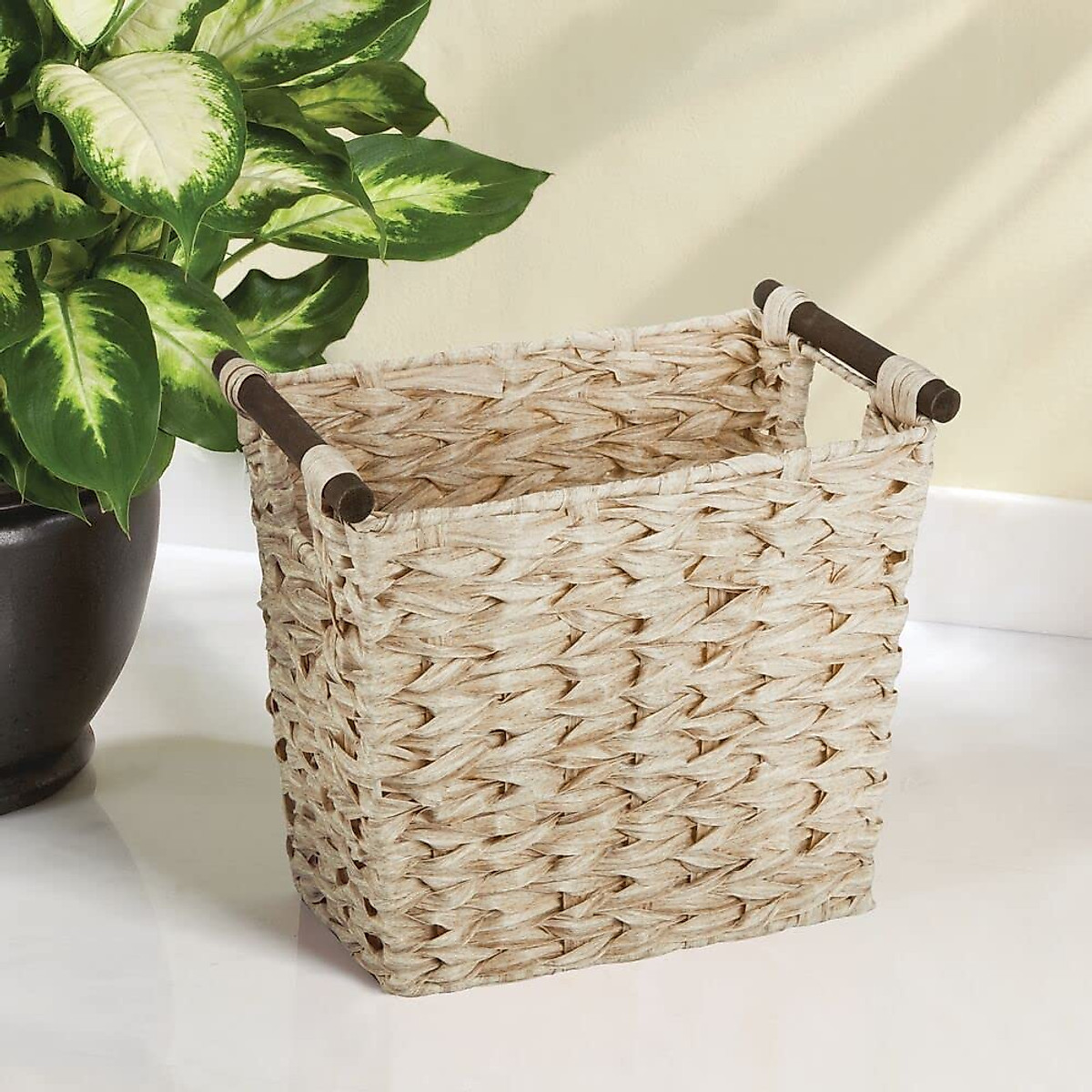 mDesign Small Woven Basket Trash Can Wastebasket - Rectangular Garbage Container Bin with Wood Handles for Bathrooms, Kitchens, Home Offices, Craft, Laundry, Utility Rooms - Natural/Dark Brown